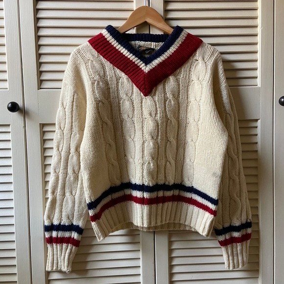 Pendleton | Sweaters | Rare Vintage 6s Pendleton Tennis Cable Knit Sweater Cream White Red Blue ...